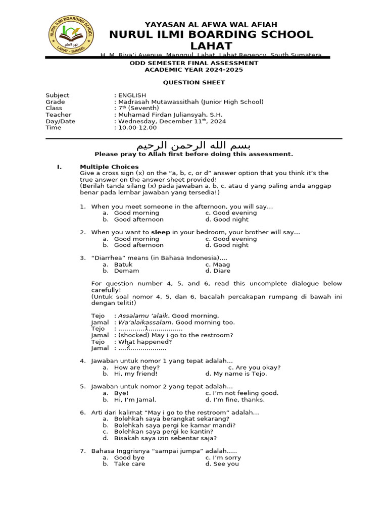 Soal Ujian Bahasa Inggris Kelas 7 | PDF