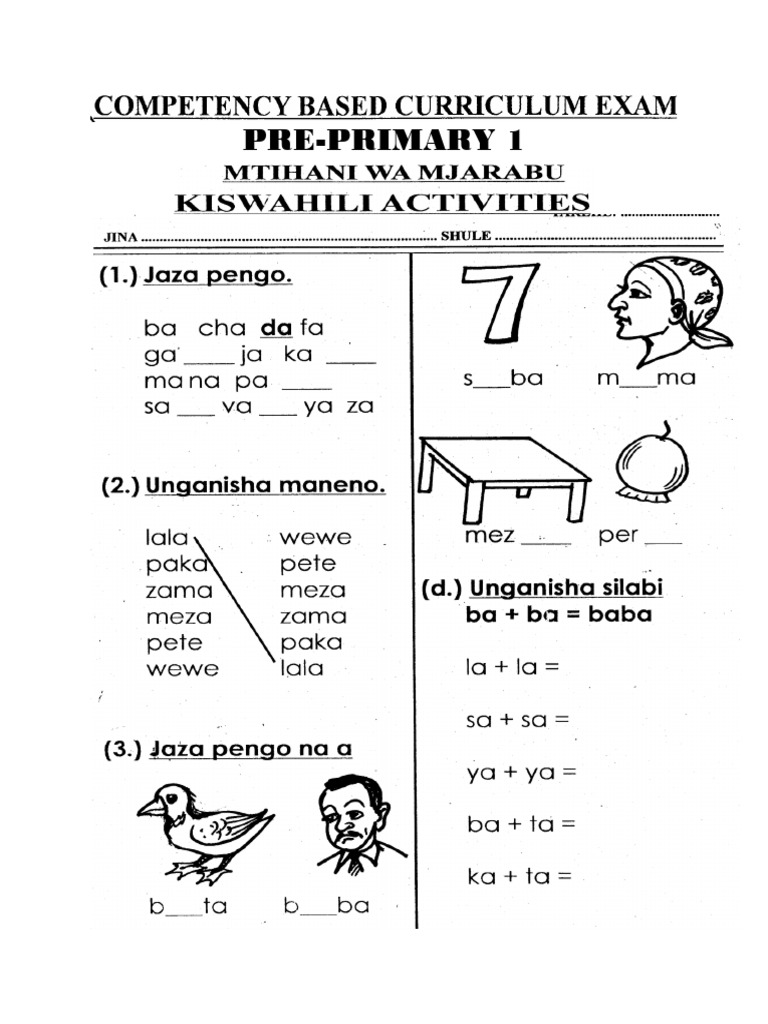 Kiswahili Activities PP1 End Term 3 Exam 2018 | PDF