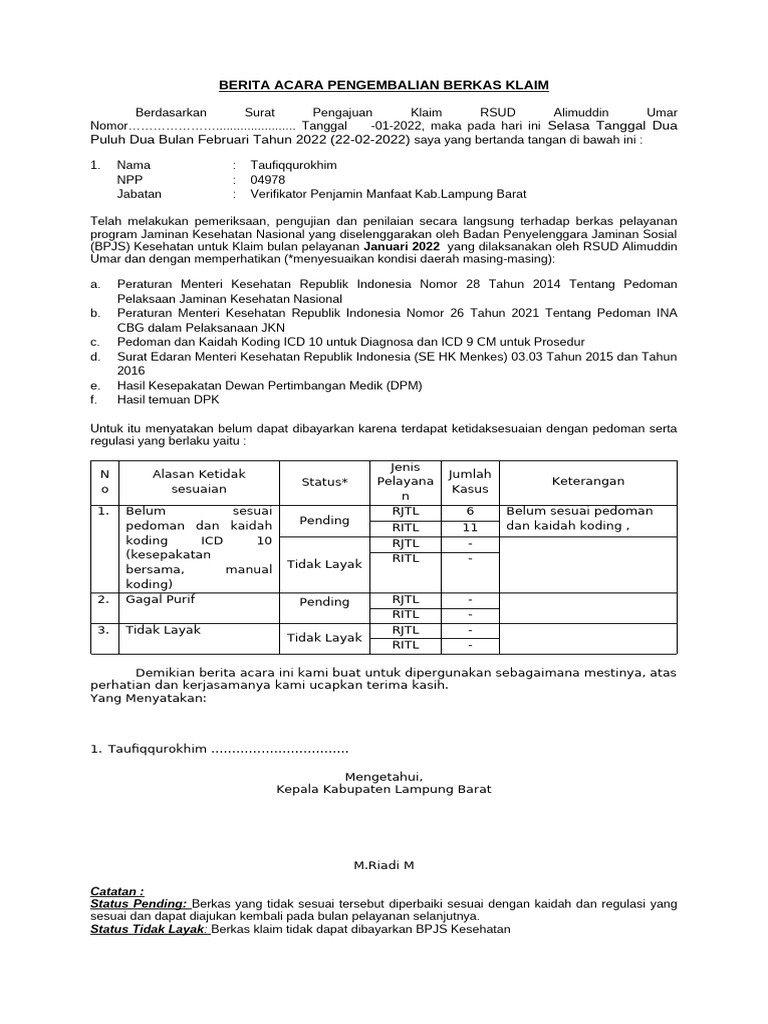 01 PENGEMBALIAN BERKAS KLAIM | PDF
