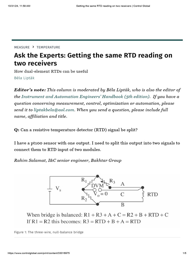 Getting The Same RTD Reading On Two Receivers - Control Global | PDF ...