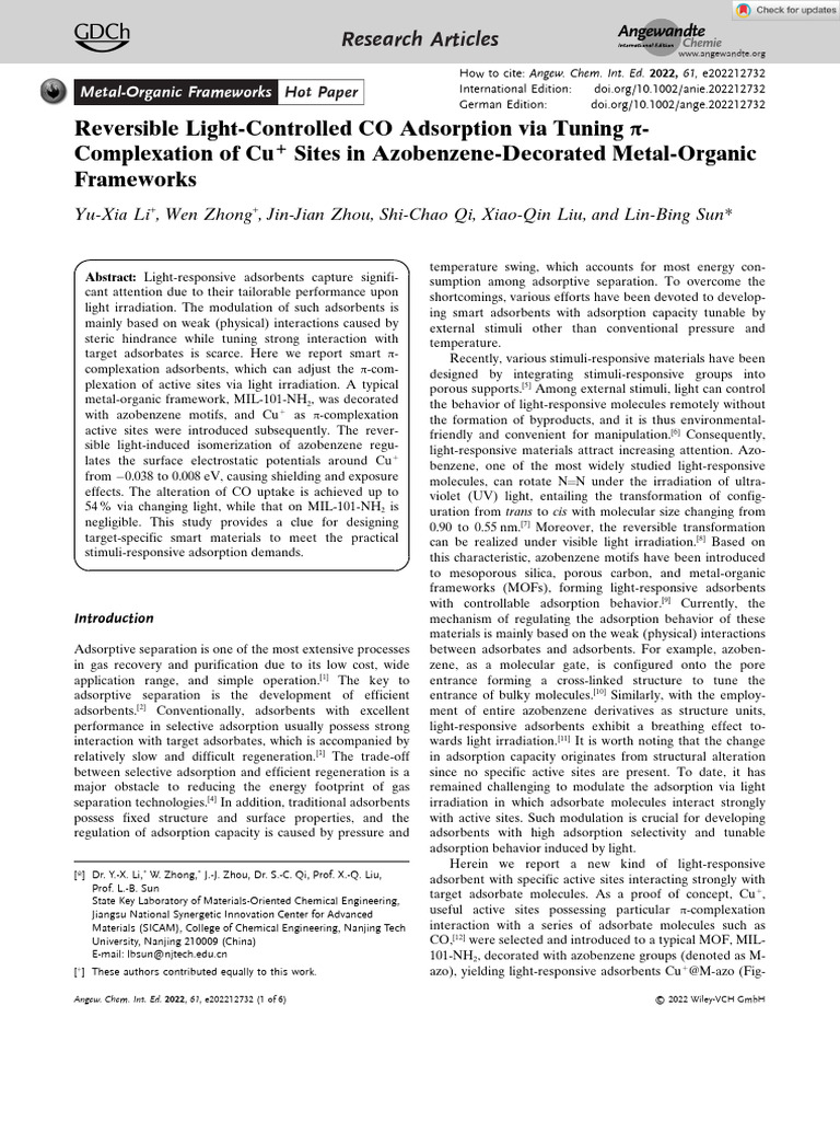 Angew Chem Int Ed - 2022 - Li - Reversible Light Controlled CO Adsorption Via Tuning ...