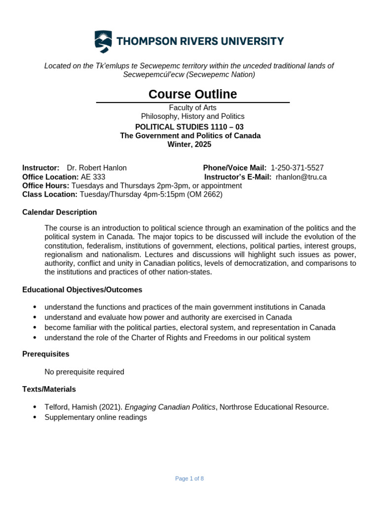Outline POLI 1100 (HANLON) | PDF | Canada | Academic Dishonesty