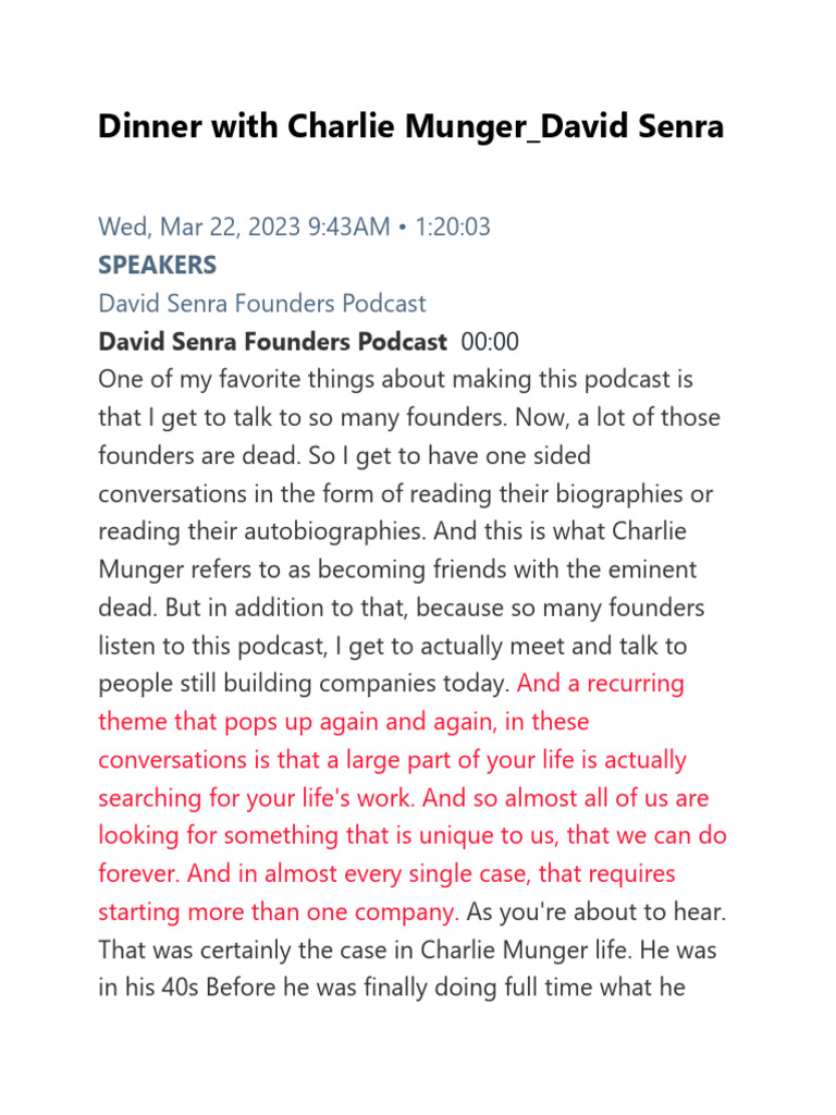 Dinner With Charlie Munger - David Senra - 230322 - 173939 | PDF