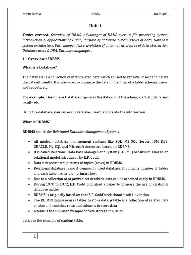 DBMS Unit_1_notes | PDF | Databases | Relational Database