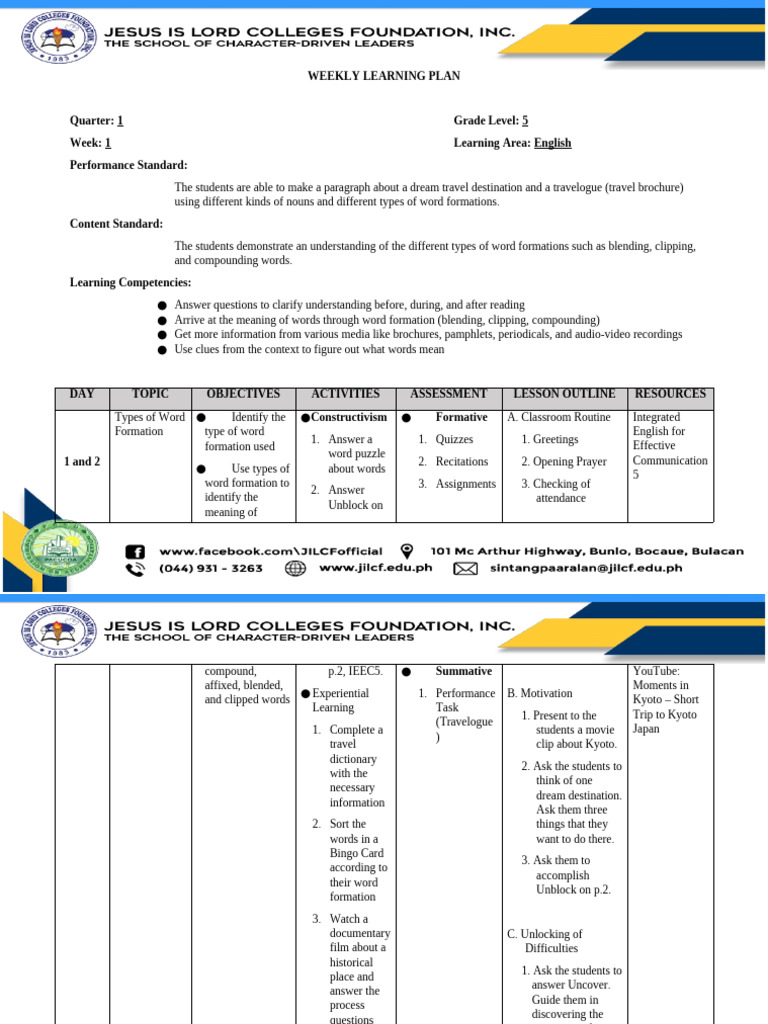 ENGLISH 5 - Week1 - Q1 WLP 2022 2023 | PDF | Cognition | Learning
