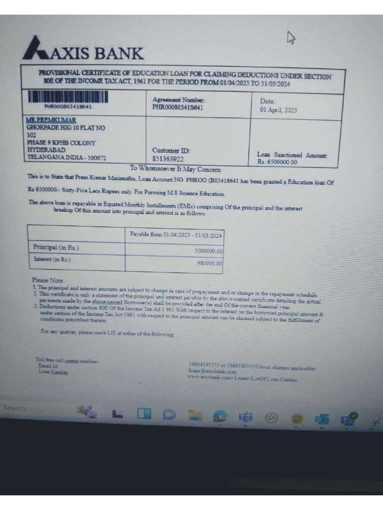 AXIS Bank Education Loan Interest Certificate - 1 | PDF