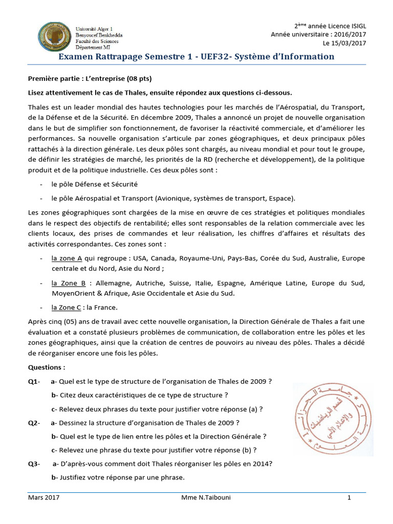 Examen Rattrapage ISIGL 2016/2017 | PDF | Banques | Informations