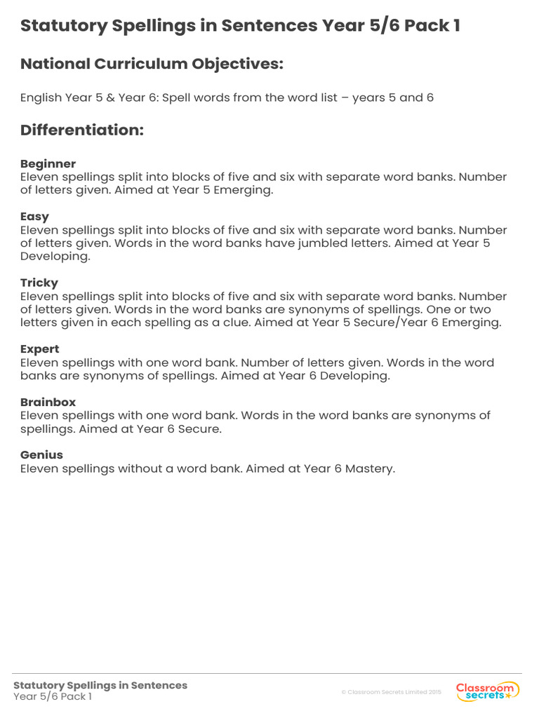 Year 5/6 Statutory Spelling Sentences | PDF | Learning