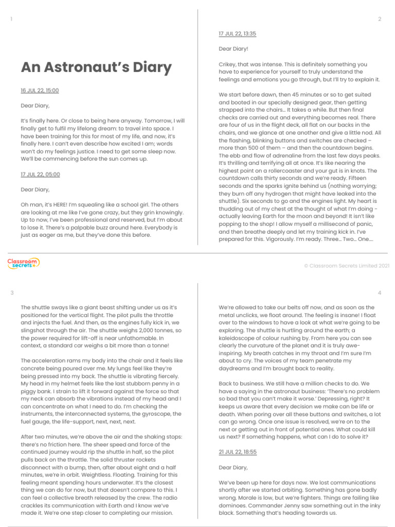 Year 5 Reading Skills An Astronauts Diary | PDF | Space Shuttle | Outer ...