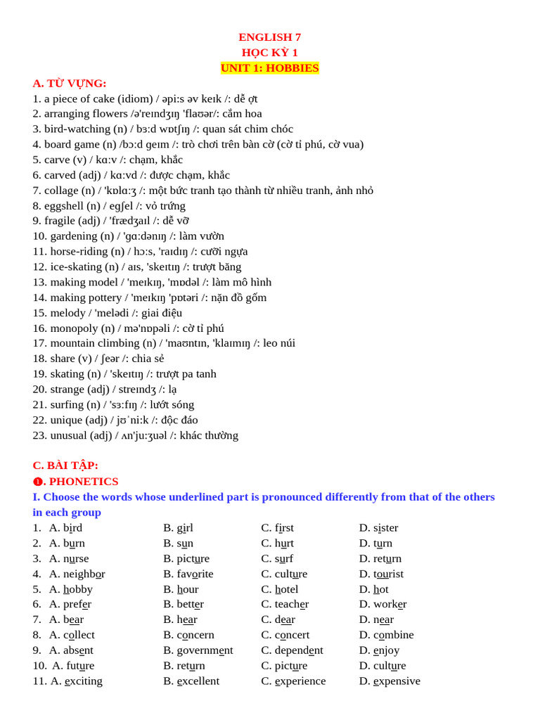 ENGLISH 7 - Unit 1 Hobbies | PDF | Hobbies