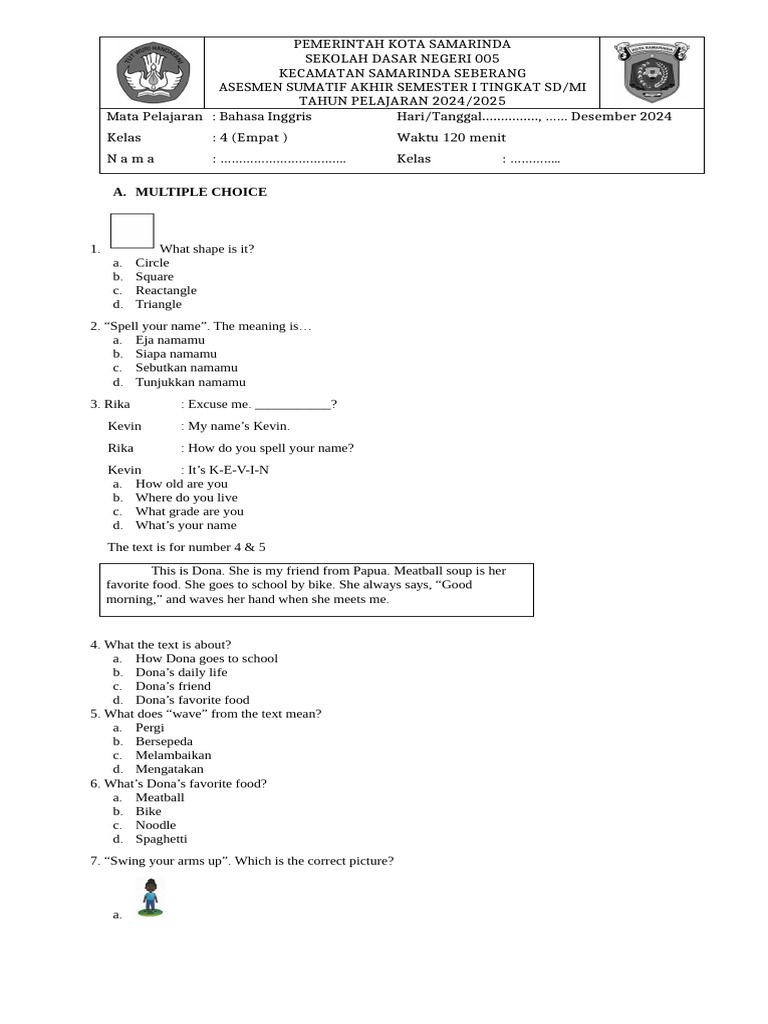 Pas BHS Inggris Kelas 4 SMT 1 Dec 2024 | PDF