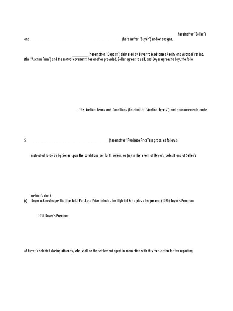 Auction Purchase Agreement Template | PDF | Cheque | Conveyancing