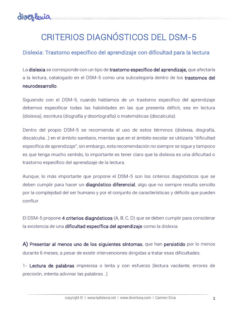 Tema 1. Anexo 4. Criterios Diagnosticos Del DSM 5 | PDF | Dislexia | Manual Diagnóstico y ...