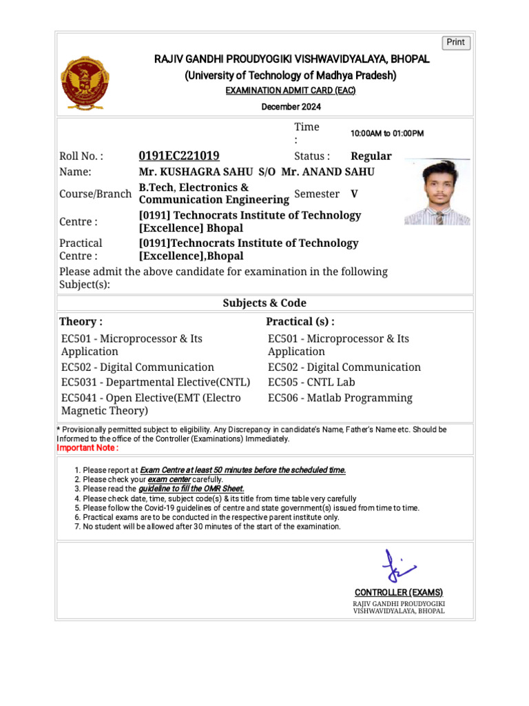 Admit Card | PDF | Qualifications