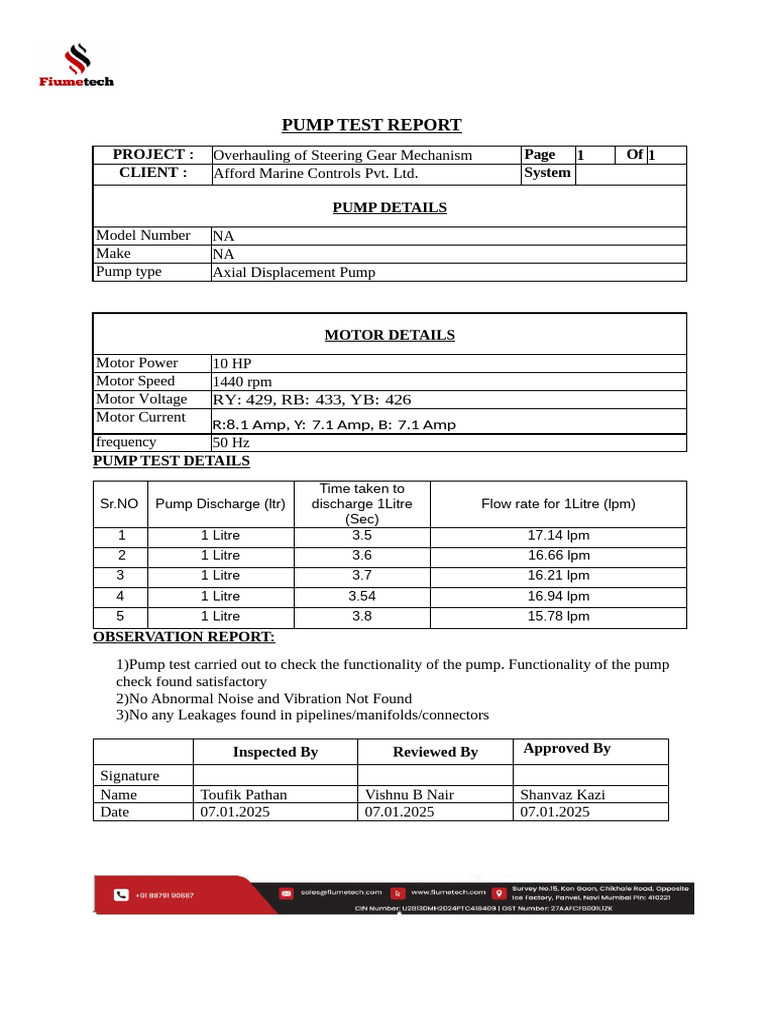 Pump Test Report Format. | PDF