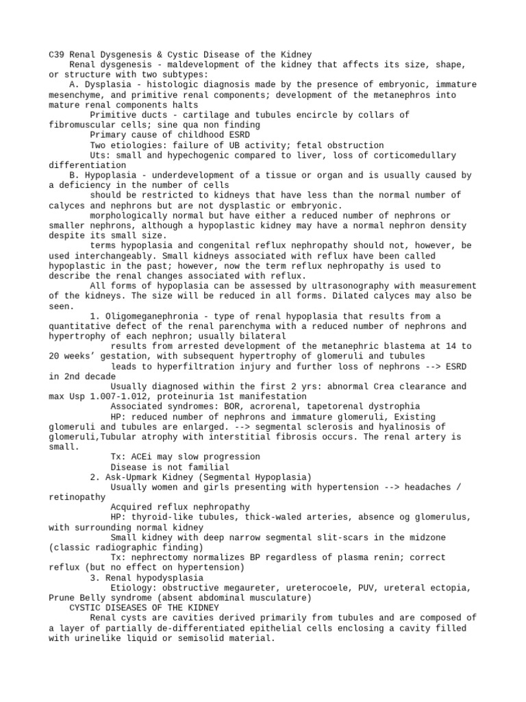 Renal Dysgenesis (Notes From Campbell) | PDF | Kidney | Medical Specialties