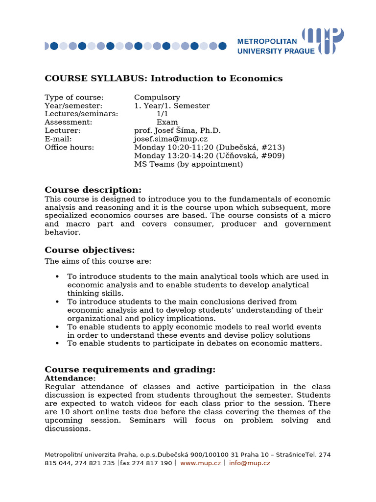 Introduction to Economics Syllabus | PDF | Economics | Prices