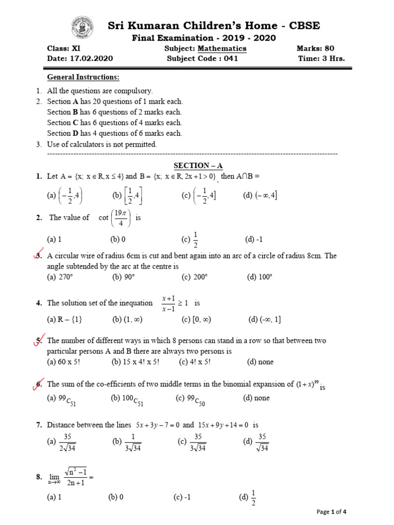 Class XI Mathematics Exam Paper | PDF | Triangle | Circle