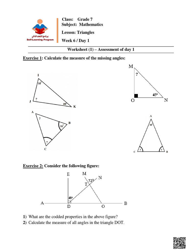 Grade 7 Math: Triangle Angles Worksheet | PDF