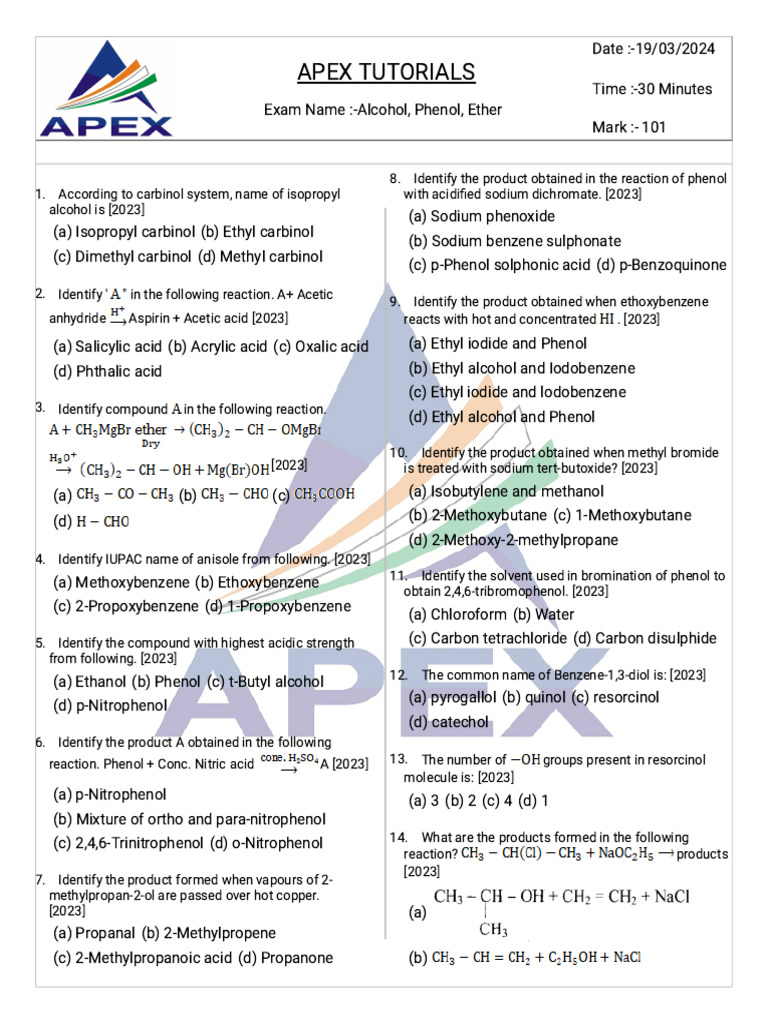 Alcohol, Phenol, Ether Questions | PDF | Ether | Acetic Acid