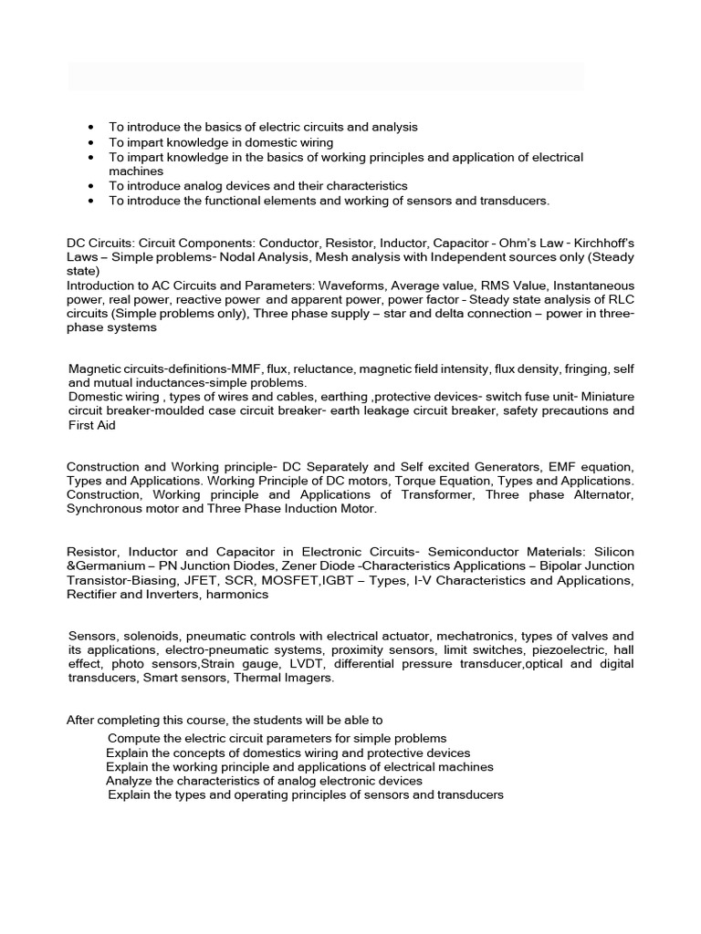 BE 3252 BASIC ELECTRICAL, ELECTRONICS AND INSTRUMENTATION ENGINEERING 2 SEM | PDF | Electrical ...