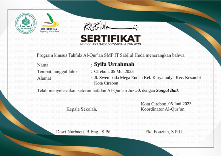 Contoh Sertifikat Tahsin 2023 | PDF