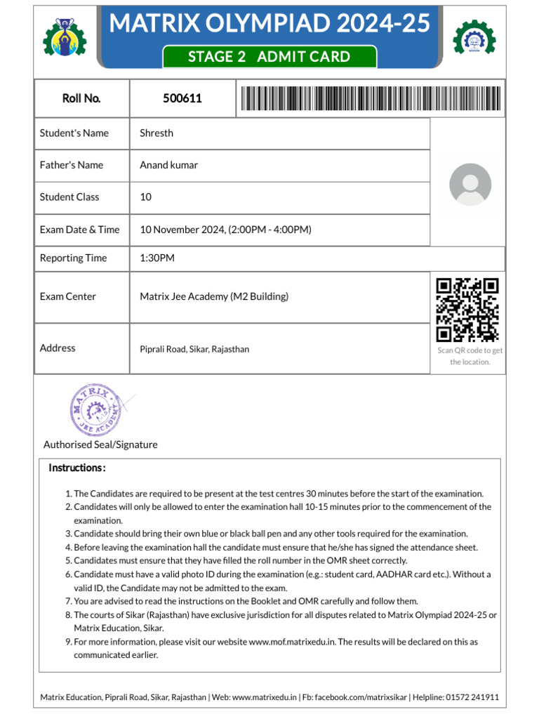 Admitcard _ Scholarships Exam | PDF