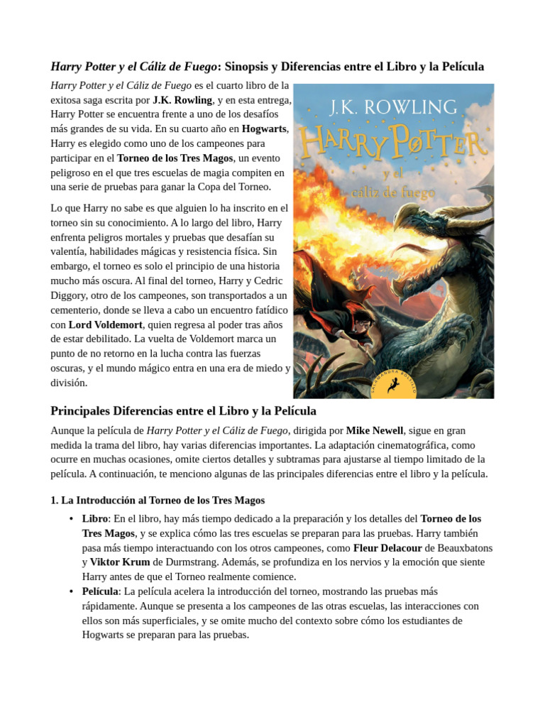 Sinopsis y Comparativa: Cáliz de Fuego | PDF | Harry Potter