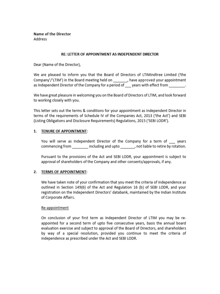 Independent Directors Appointment Letter | PDF | Liability Insurance ...
