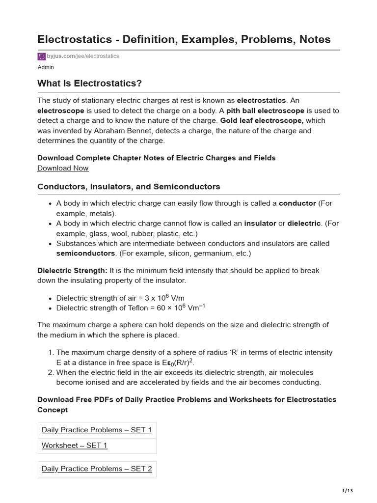 Electrostatics: Definitions and Examples | PDF | Dipole | Electronvolt