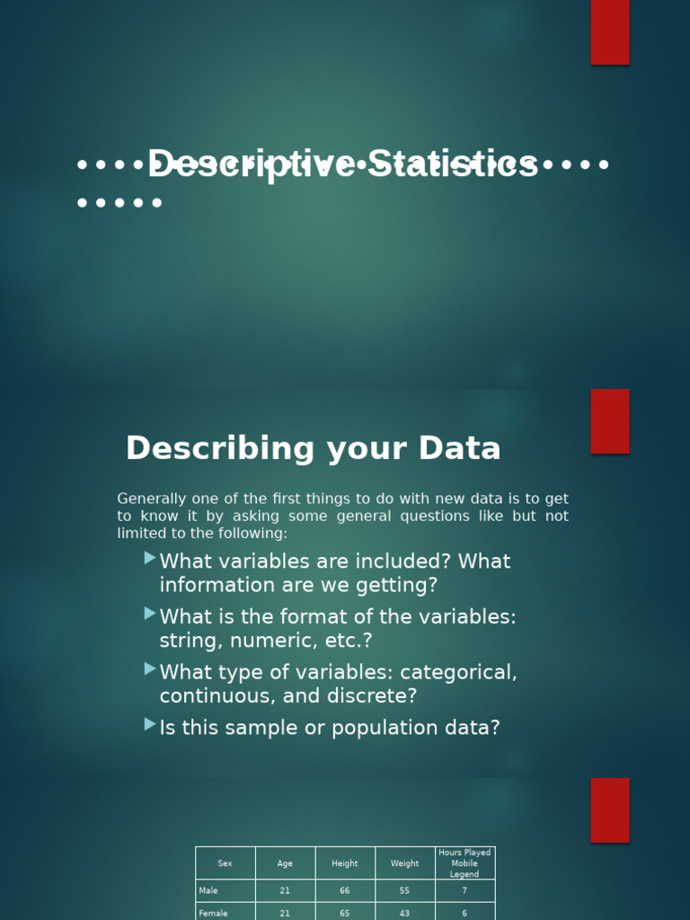 Lecture3 Descriptive Statistics | PDF | Mean | Skewness