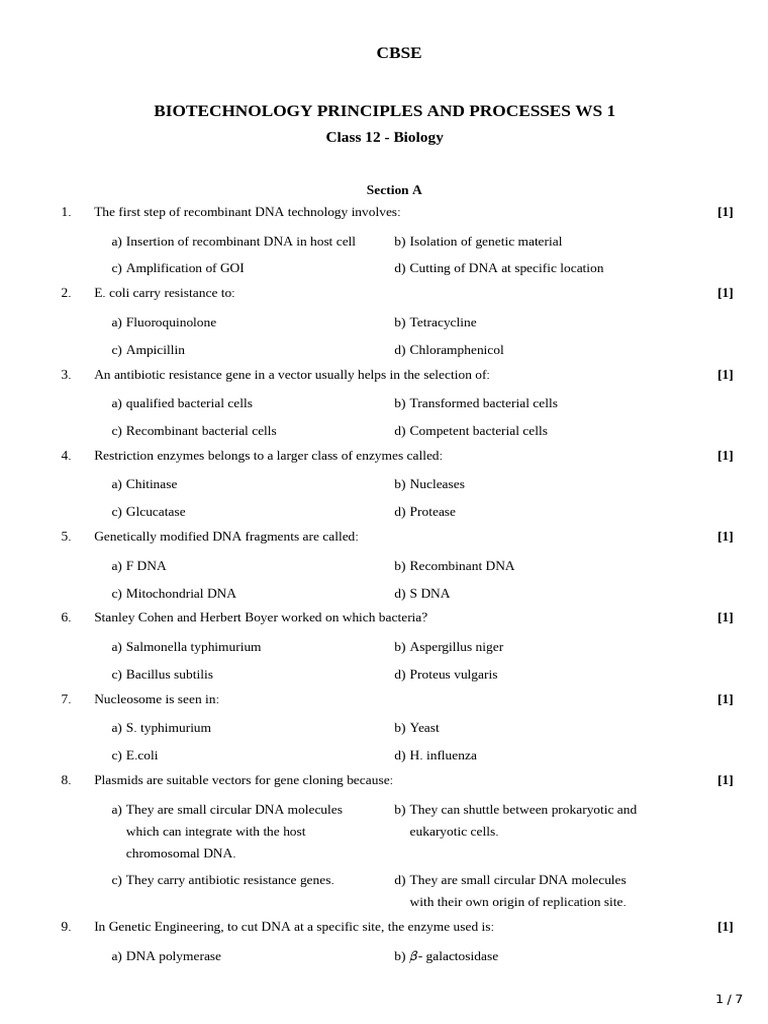 Biotechnology principles and processes WS 1 QUESTIONS | PDF | Gel Electrophoresis | Molecular ...