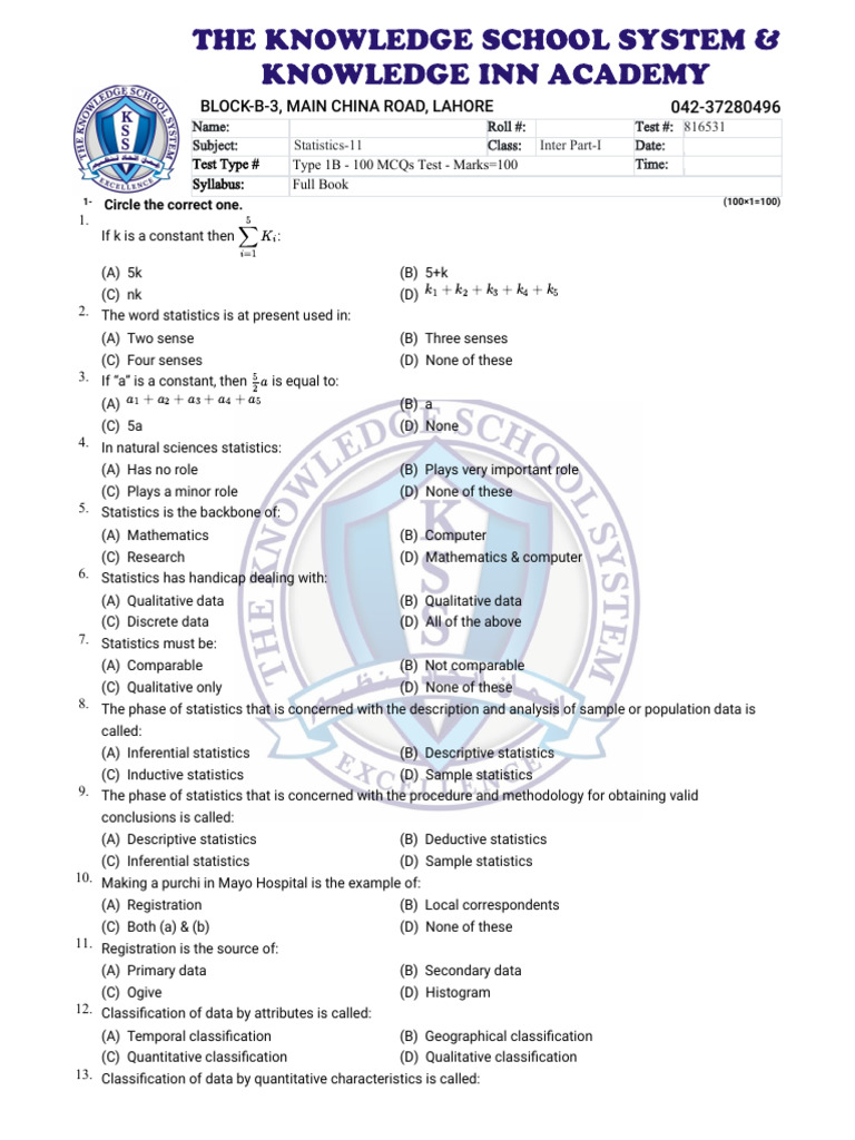 Statistics Part 1 MCQs Test Guide | PDF | Probability Distribution ...
