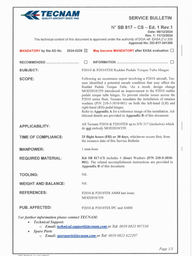 SB_817-CS_-_P2010_&_P2010_TDI_Rudder_Pedal_Torque_Tube_Hinges_Ed._1_Rev._1 | PDF