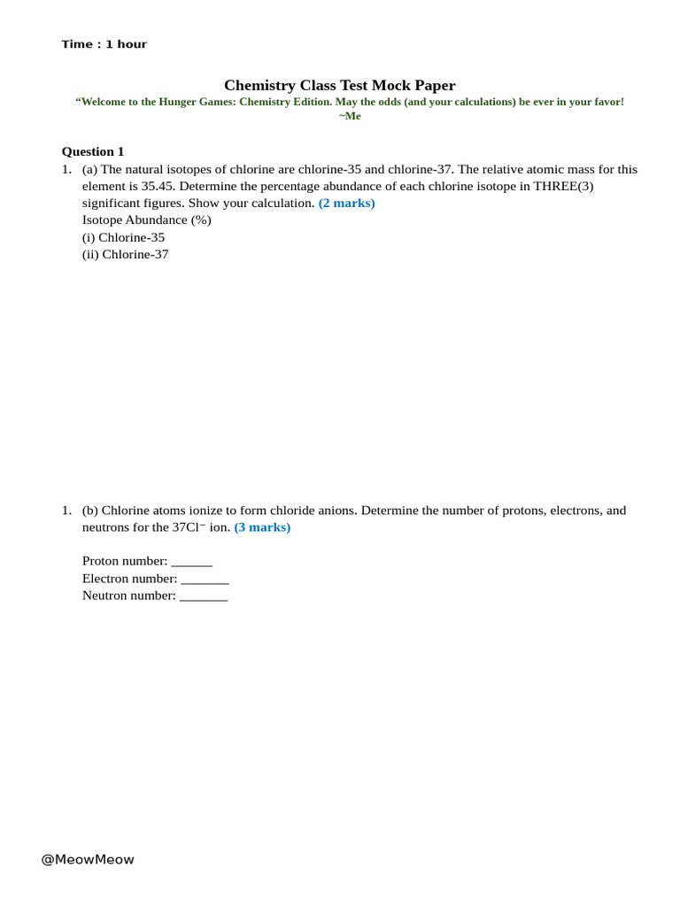 Chemistry Mock Test Paper with Solutions | PDF | Acid | Precipitation ...