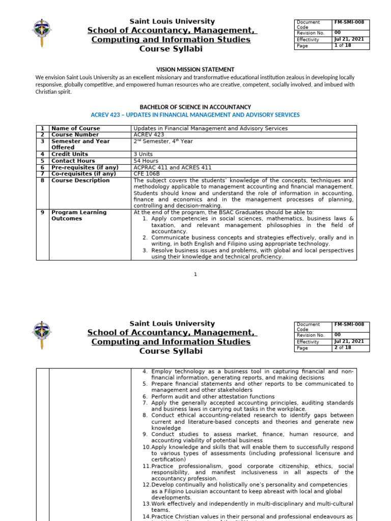 ACREV423 Course Syllabi BSAC | PDF | Lecture | Accounting
