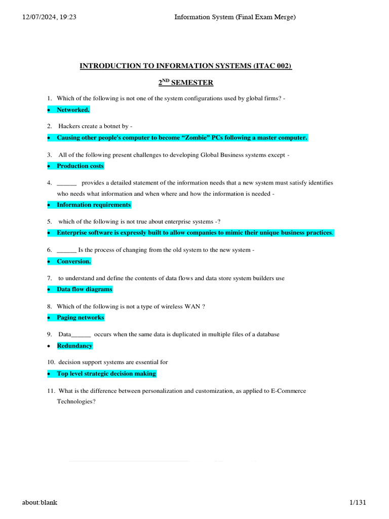 Information System (Final Exam Merge) | PDF | Computer Network | Databases