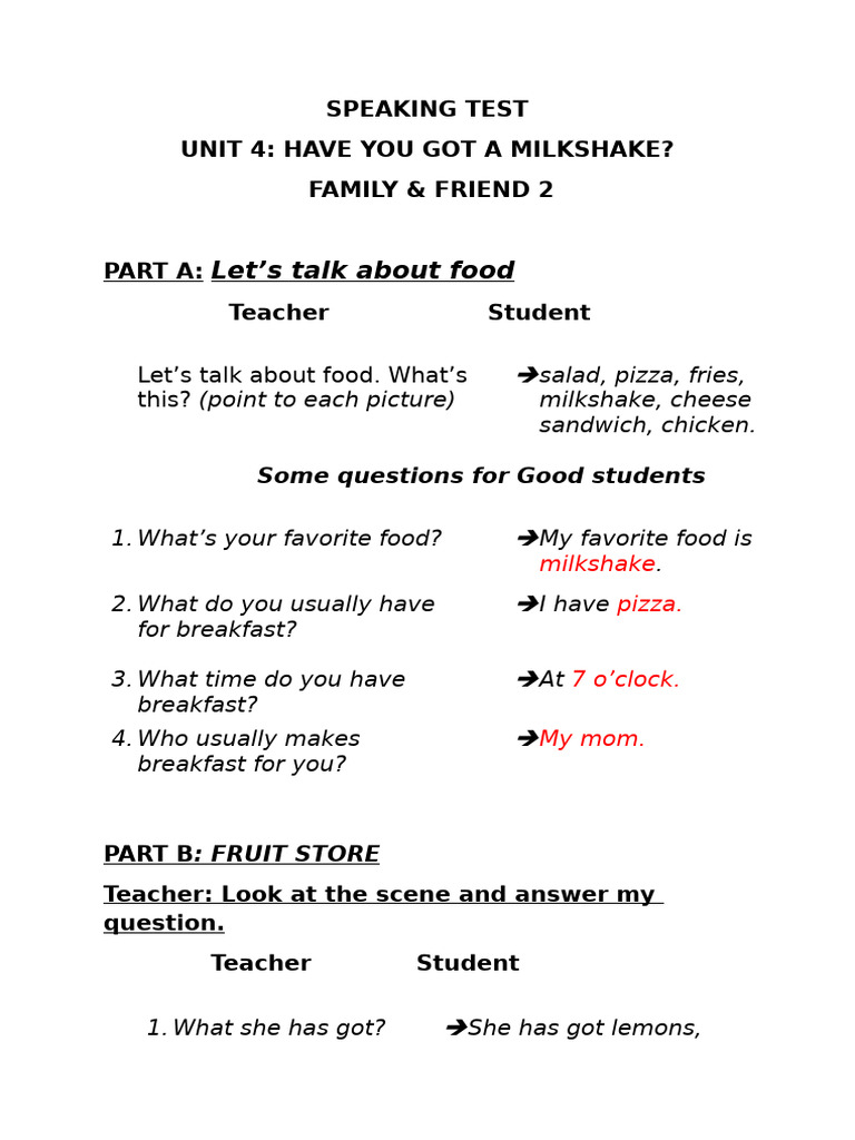 SPEAKING TEST SCRIPT -FF2 - U4 | PDF