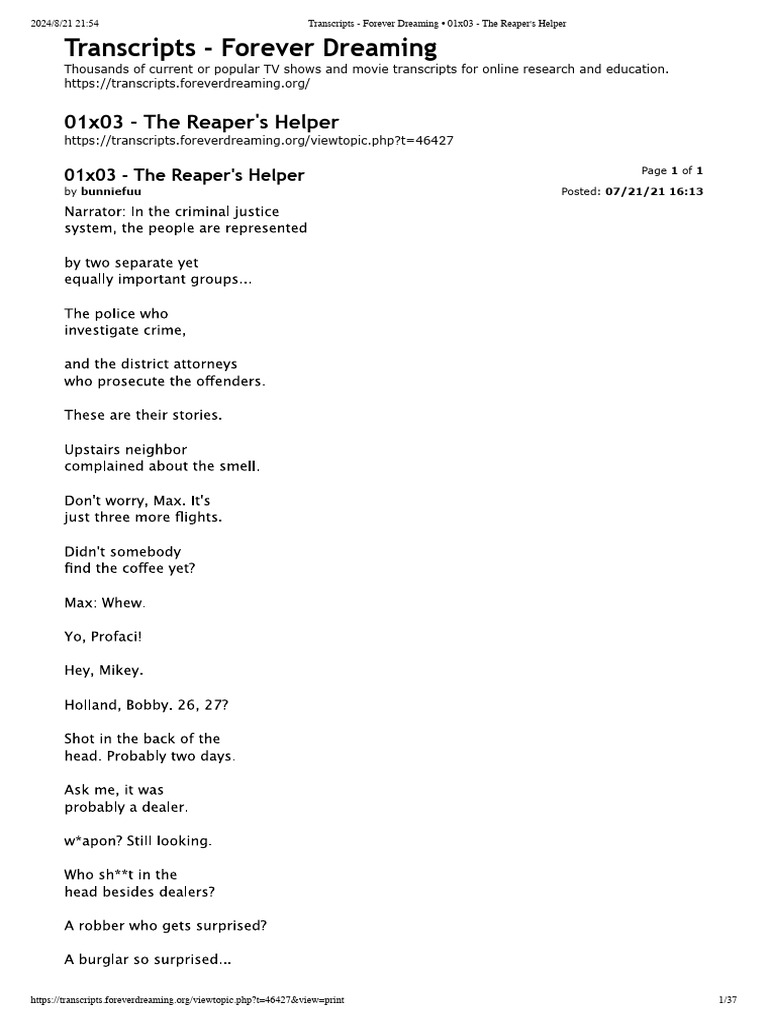 Transcripts - Forever Dreaming - 01x03 - The Reaper's Helper | PDF