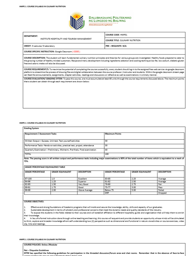 Culinary Nutrition Course Syllabus | PDF | Educational Technology ...