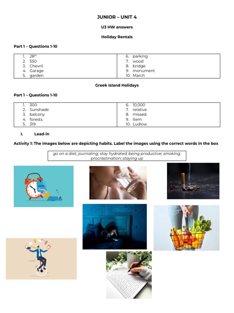 Junior - Unit 4: 1. 28 2. 550 3. Chevril 4. Garage 5. Garden 6. Parking ...