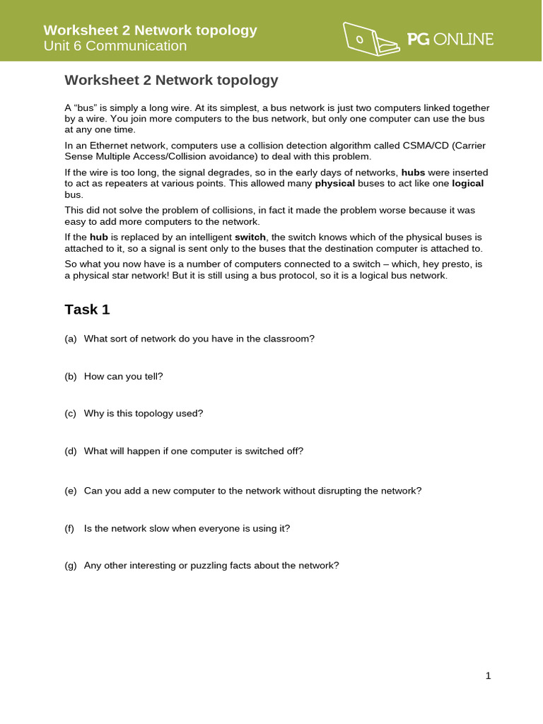 Communications Worksheet 2 Bus Vs Star Network | PDF