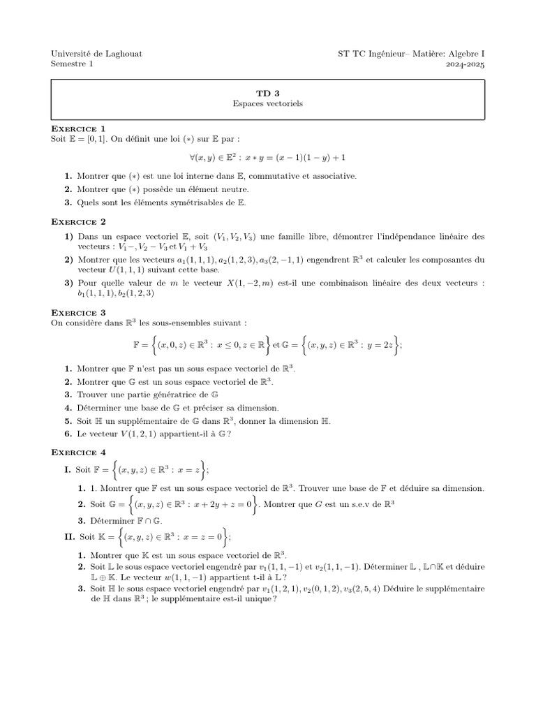 Exercices sur les espaces vectoriels | PDF | Espace vectoriel | Base ...