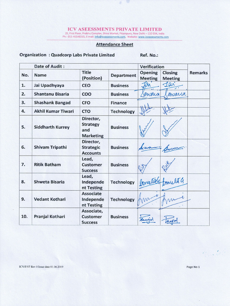 Quadcorp Attendance Sheet | PDF