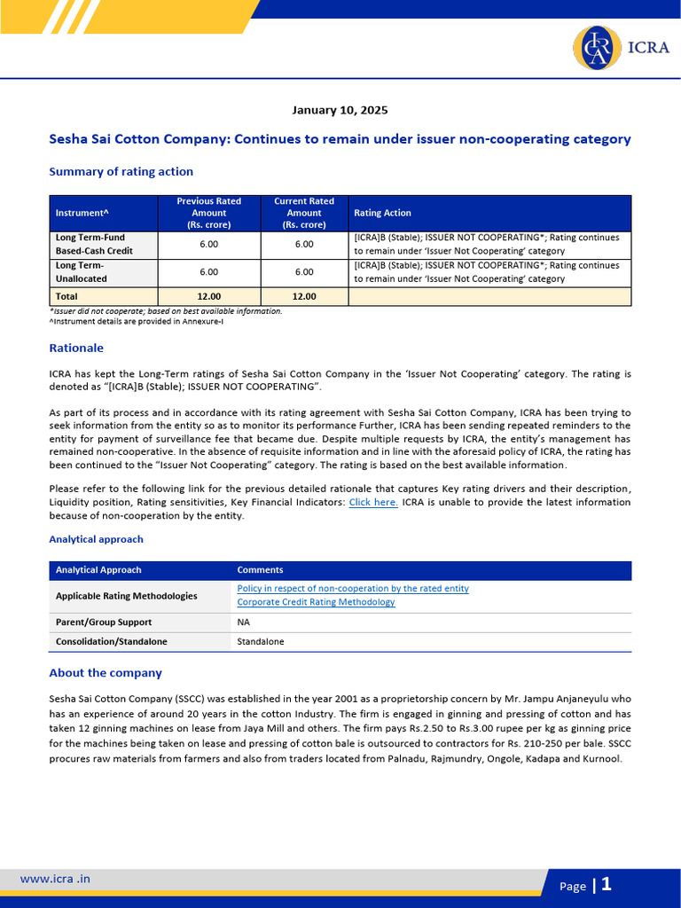 Sesha Sai Cotton Company | PDF | Credit Rating Agency | Moody's Investors Service