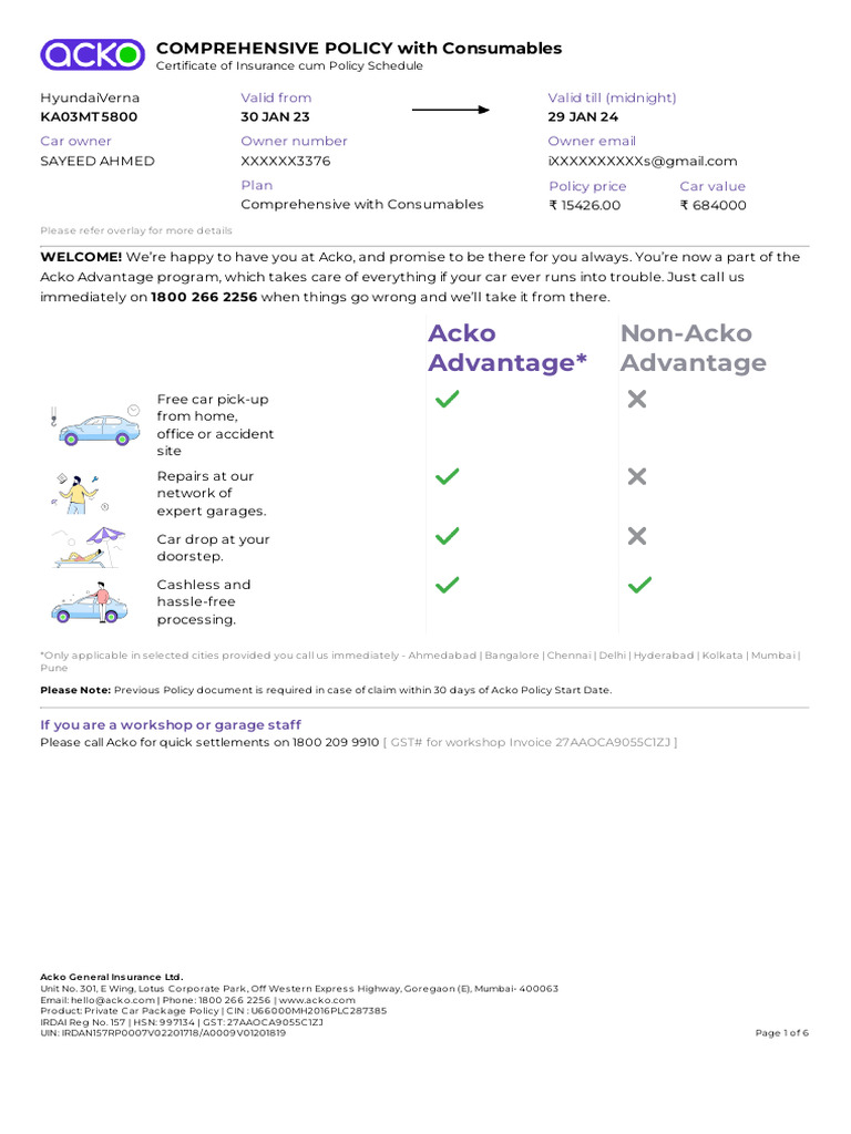 Acko Car Policy - BCCA00775590800_0098 | PDF | Insurance | Liability ...