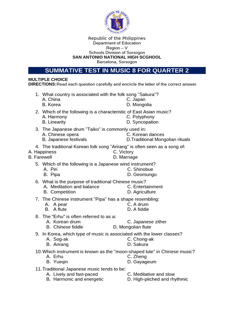 Summative Test Music | PDF | Musical Instruments | Woodwind Instruments
