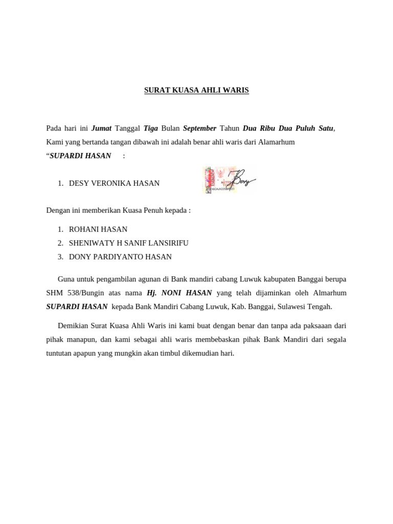 SURAT KUASA AHLI WARIS (1) Desy | PDF