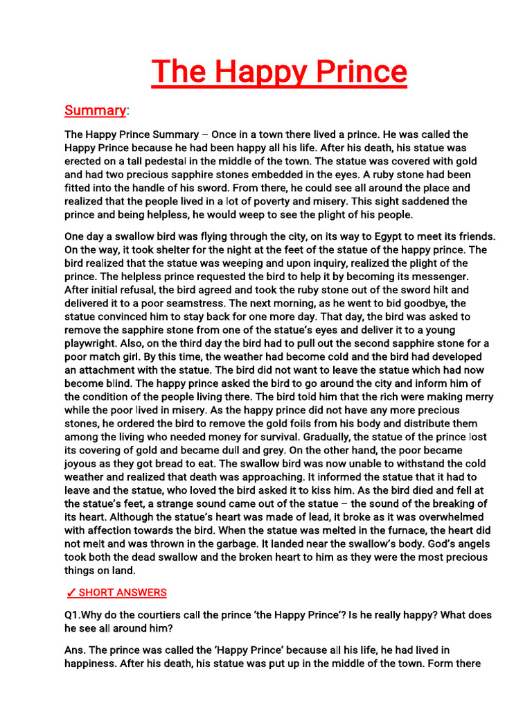 The Happy Prince: A Summary | PDF | The Happy Prince And Other Tales | Love