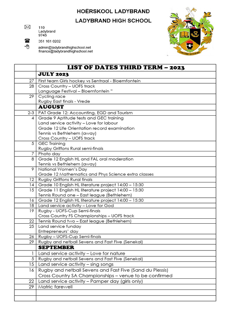 2023 Third Term Events Schedule | PDF